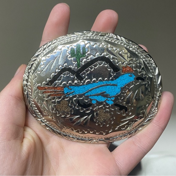 Accessories | Vintage Silver Tone Turquoise And Coral Inlay Roadrunner ...